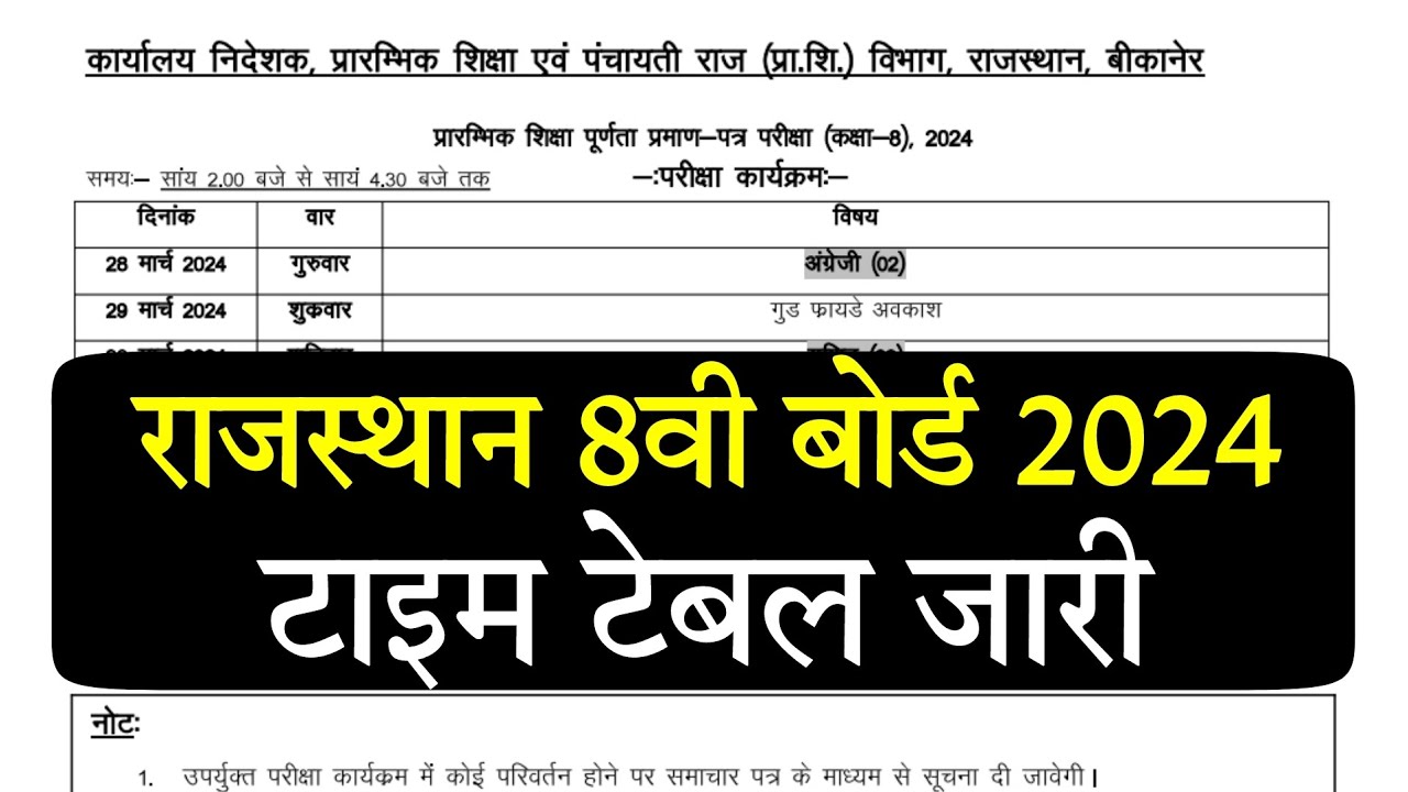 राजस्थान 8वी बॉर्ड टाइम टेबल 2024 |class 8 time table 2024 | 8th exam ...