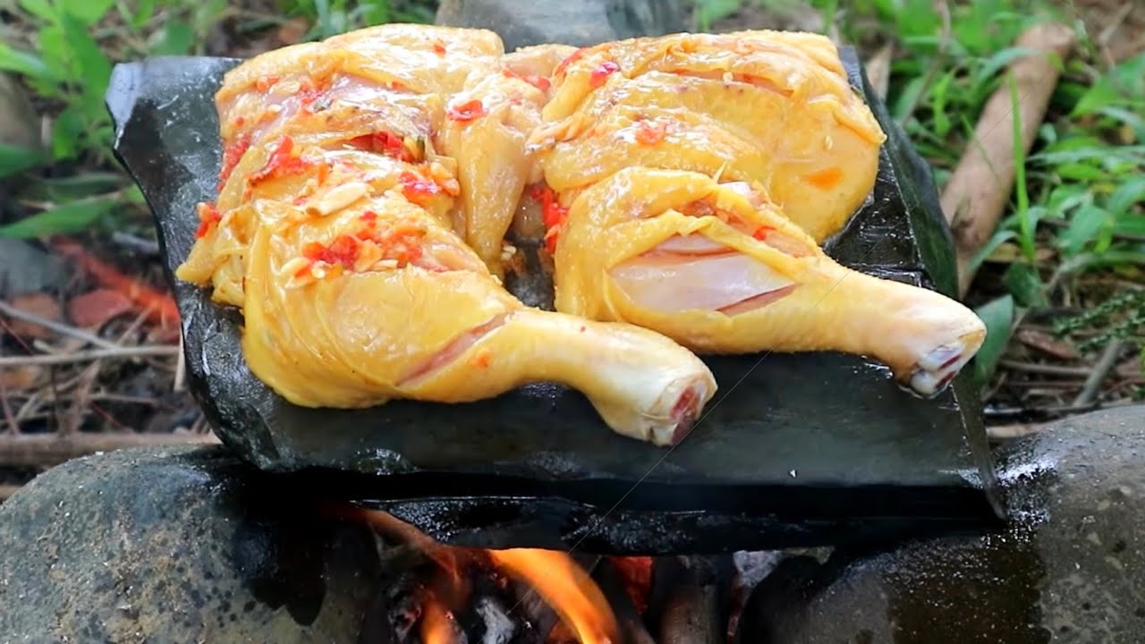 Chicken Legs Grilled🔥 On Rock For Dinner || Chicken cooking in forest ...