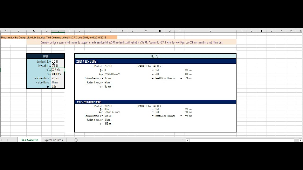 Excel program for the design of axially loaded tied and spiral columns ...