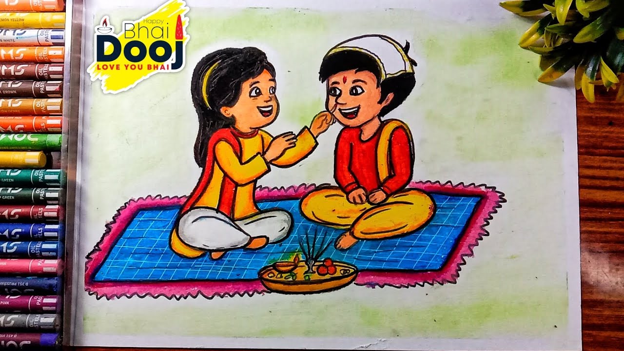 Happy Bhai Dooj Drawing Easy With Oil Pastel/ Bhai Phota scenary ...
