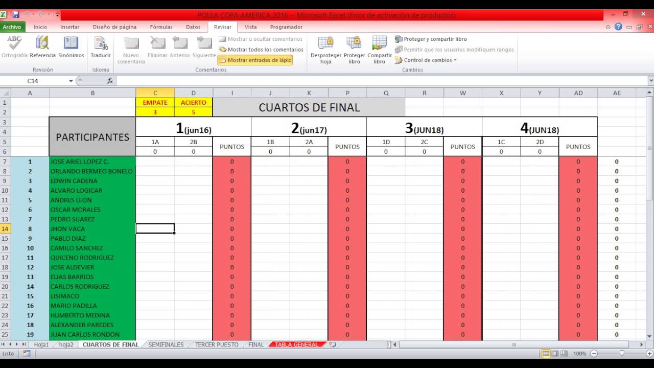 4 POLLA COPA AMERICA EN EXCEL CON FORMULAS Y MACROS 4 - YouTube