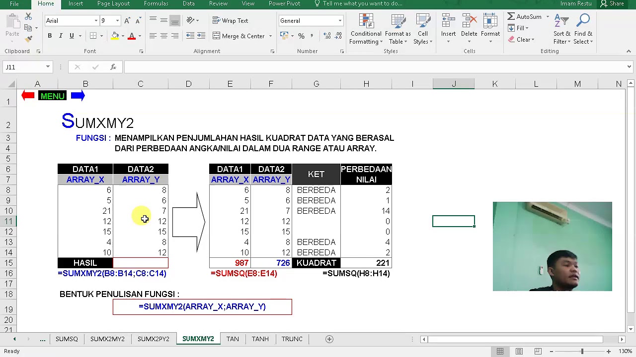 Fungsi Rumus SUMXMY2 Di Excel Versi Imam Restu - YouTube
