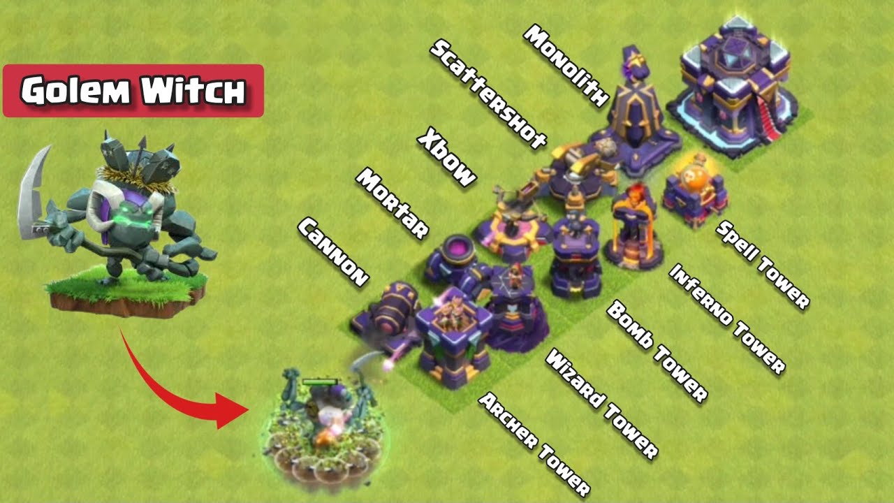 Golem Witch Vs All Max Defense | Clash of Clans | Golem Witch - YouTube