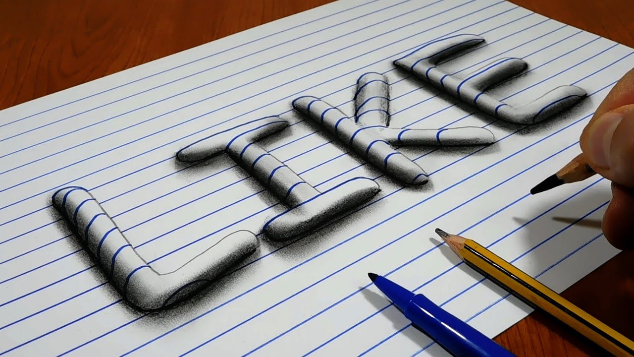 How to Draw Word LIKE, 3D Trick Art on line paper Optical Illusion ...