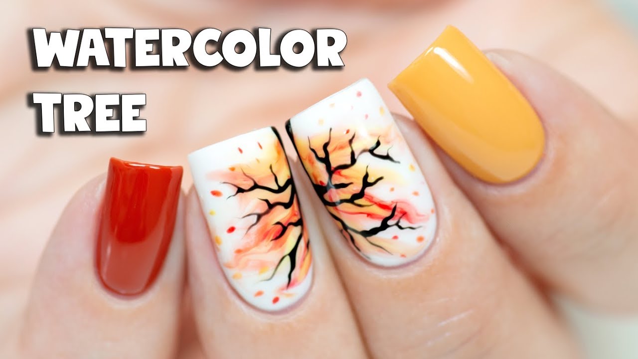 WATERCOLOR FALL TREE NAIL ART - YouTube