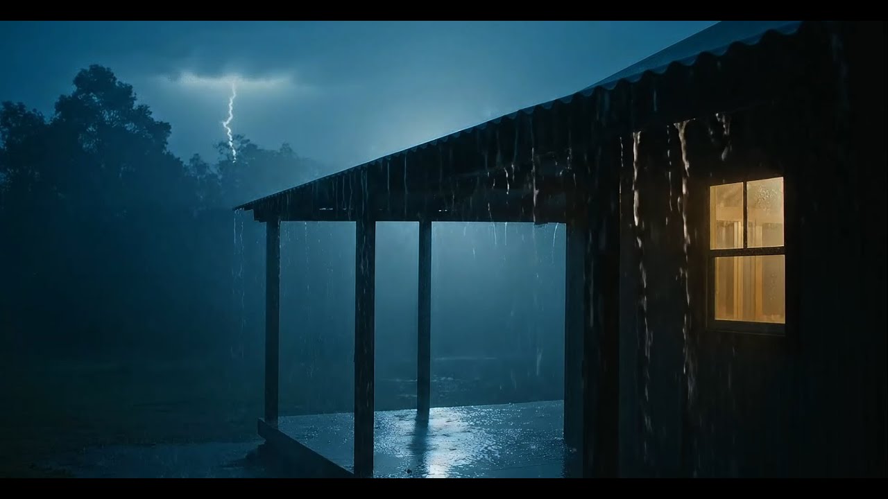 Heavy Rainstorm on Cabin Veranda calming ambience to fall asleep fast ...