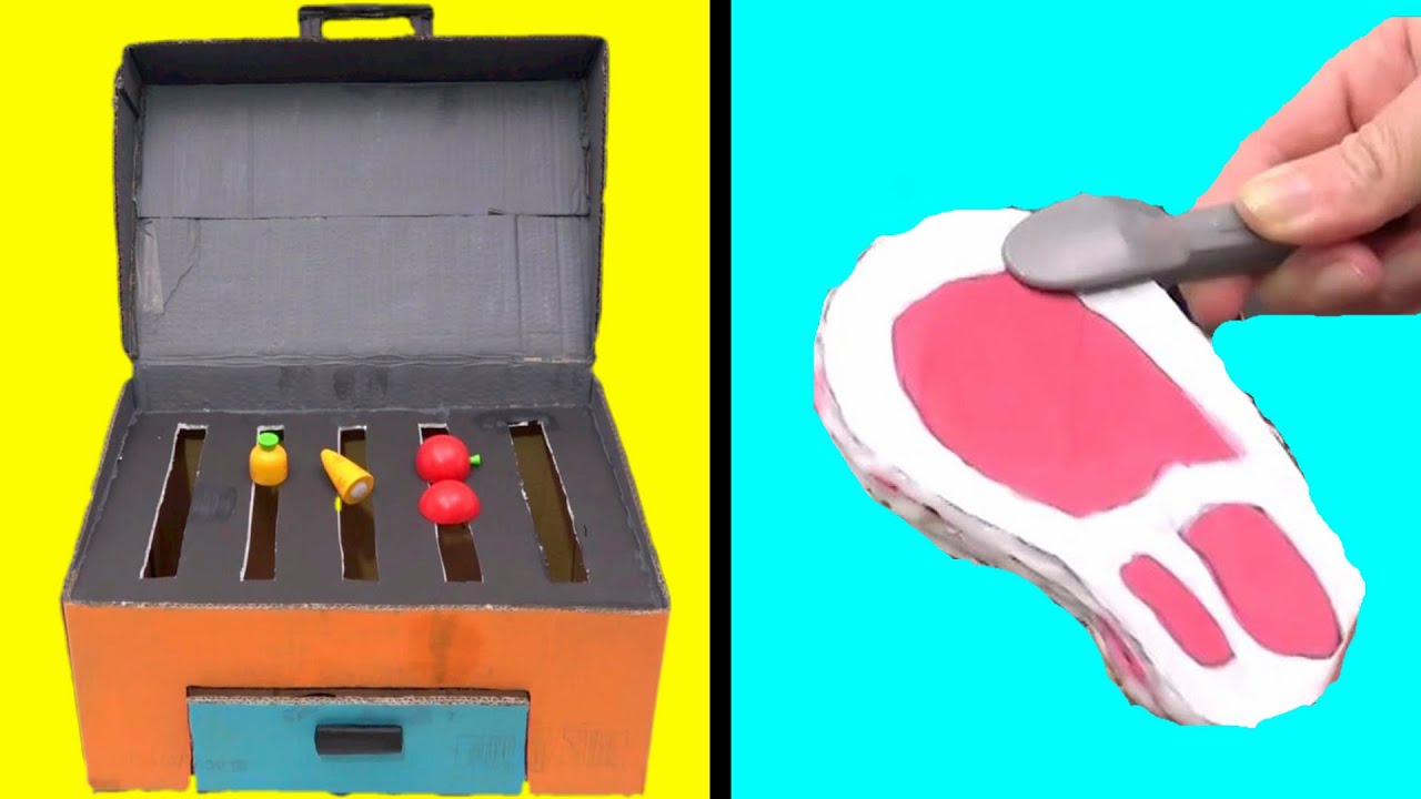 3 CARDBOARD BBQ GRILL KITCHEN AND SAUSAGE FOOD CRAFTS DIYs - YouTube