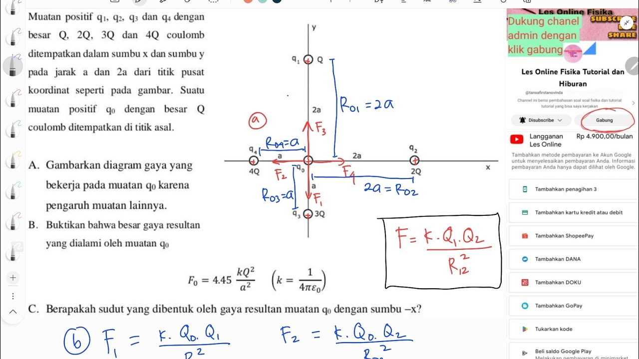 menghitung resultan gaya muatan dan arah resultan gayanya di sumbu koordinat x dan y - YouTube