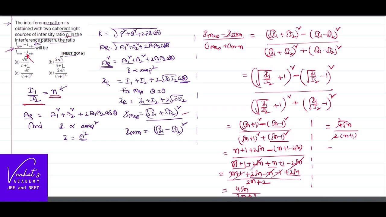NEET 2016 Wave Optics Question Finding ratio of intensity maximum and ...