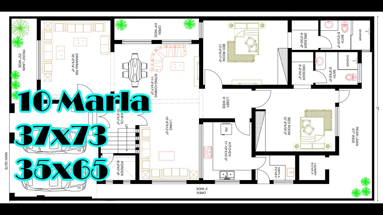 10 marla new house plan || 10 marla house map || 37x73 house map -Plan ...