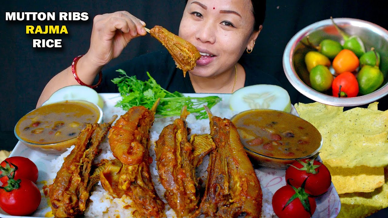 MUTTON RIBS 🥵 RAJMA WITH RICE EATING 😋 FOOD EATING CHALLENGE @tham ...