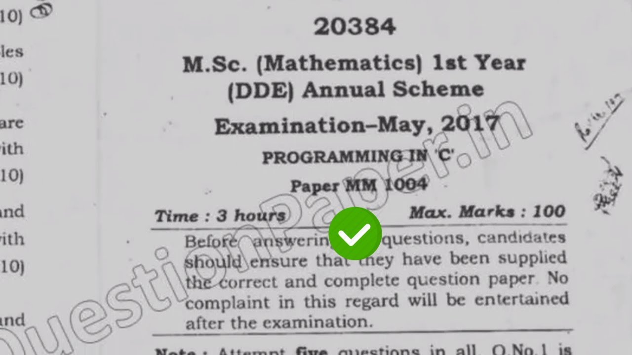 2017 Mdu MSc DDE Mathematics 1st Year Programming in C Question Paper ...