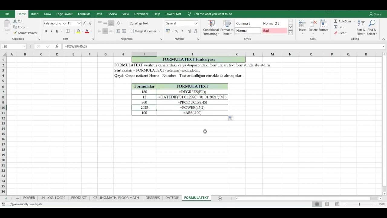 FORMULATEXT function in Excel - FORMULATEXT funksiyası - YouTube