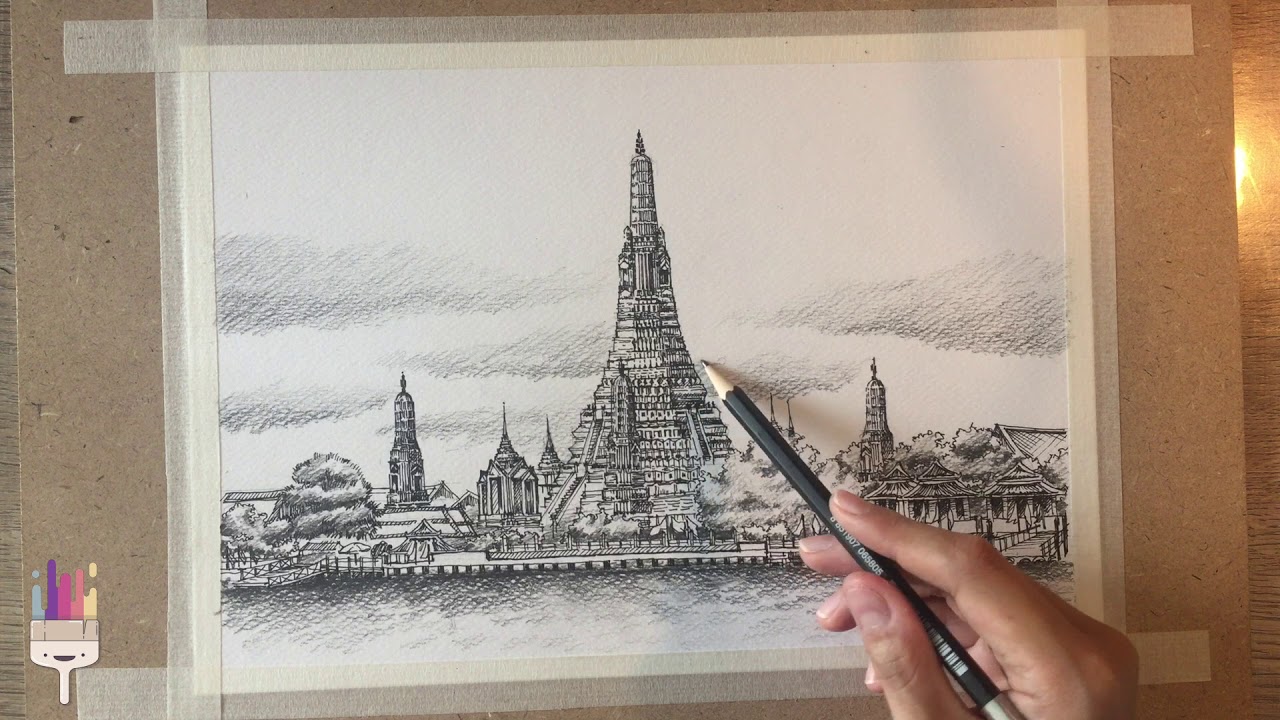 Architecture Drawing - Wat Arun in Bangkok, Thailand Drawing Timelapse ...
