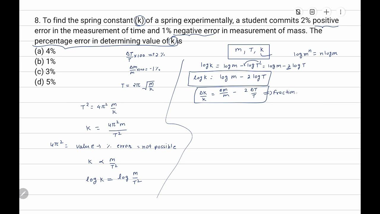 8. To find the spring constant (k) of a spring experimentally, a student commits 2% positive ...