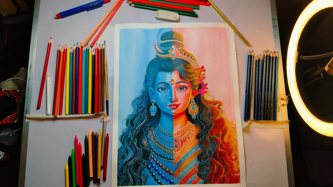 How to draw shiva parvati half face | Shiva Parvati Drawing ...
