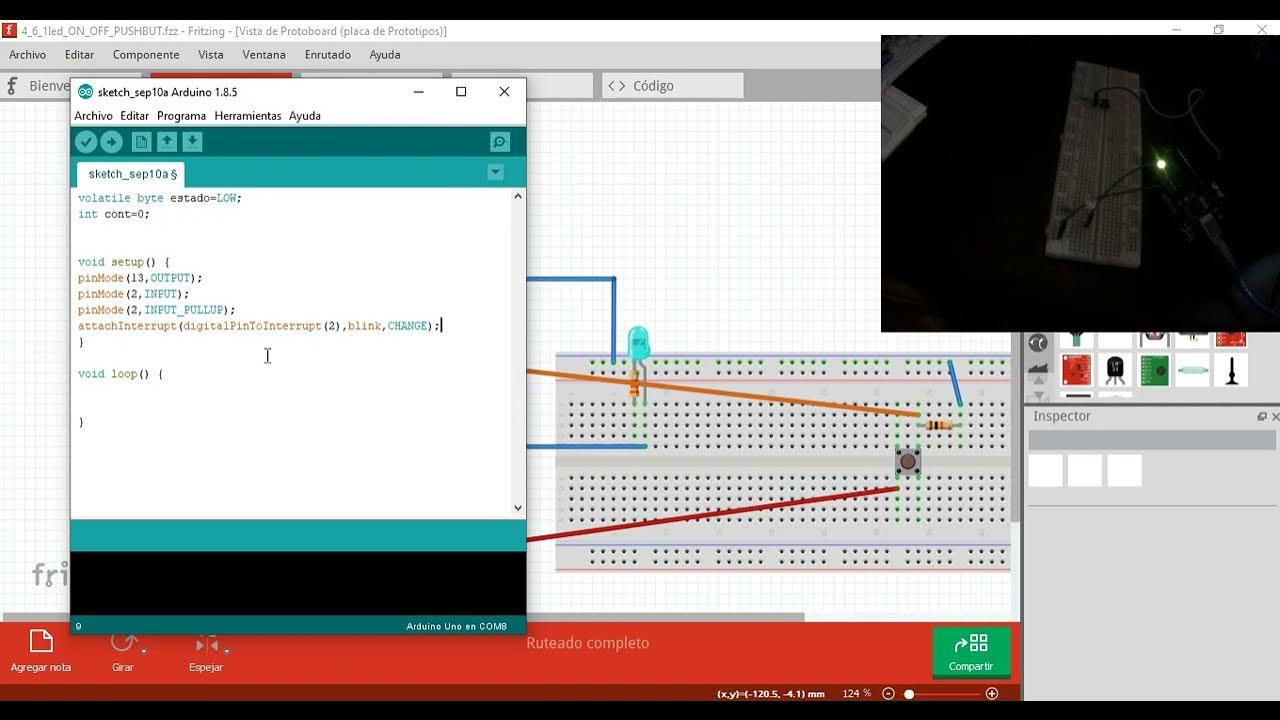 Practica 7 Arduino UNO Aumentar velocidad de parpadeo led boton pulsador función interrupción ...
