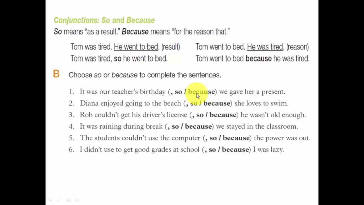 conjunctions so and because M.4 - YouTube