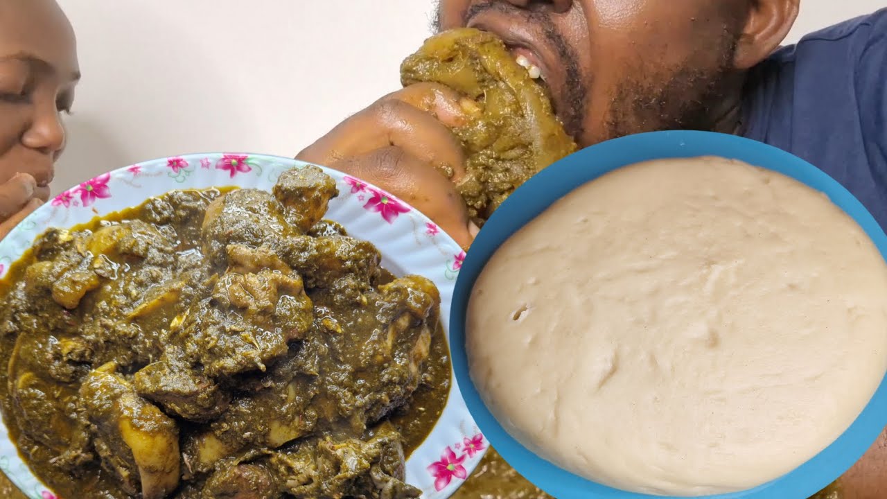 #Mukbang trying yamfufu with ugazi soup for the first time #cowleg # ...