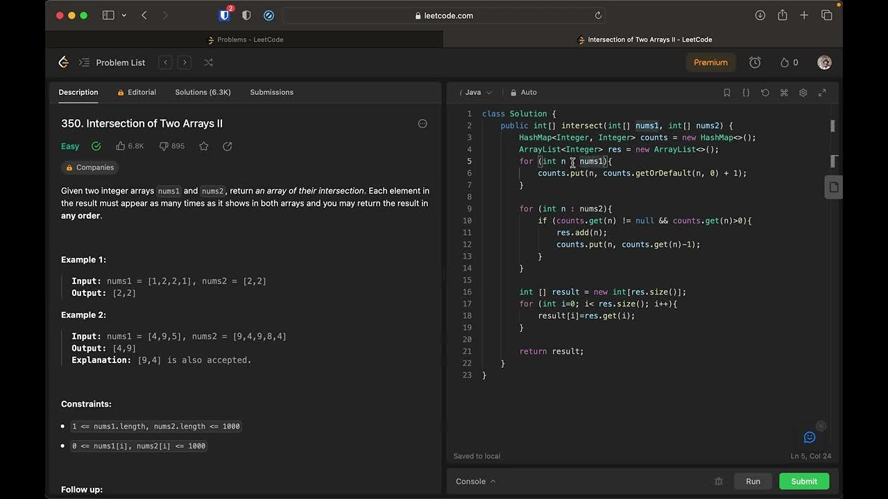 Intersection of Two Arrays II | Leetcode 350 | Java solution | Explanation in Hindi - YouTube