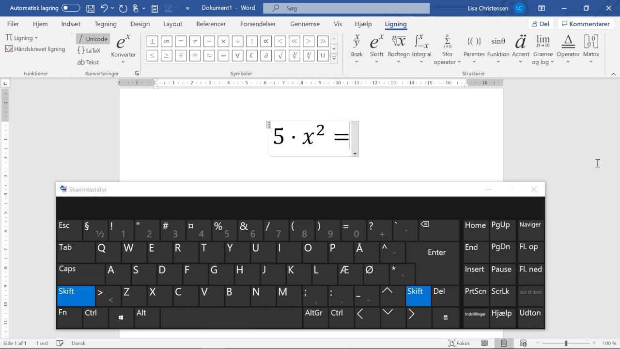 Formler i Word til windows, gangetegn og eksponent - YouTube