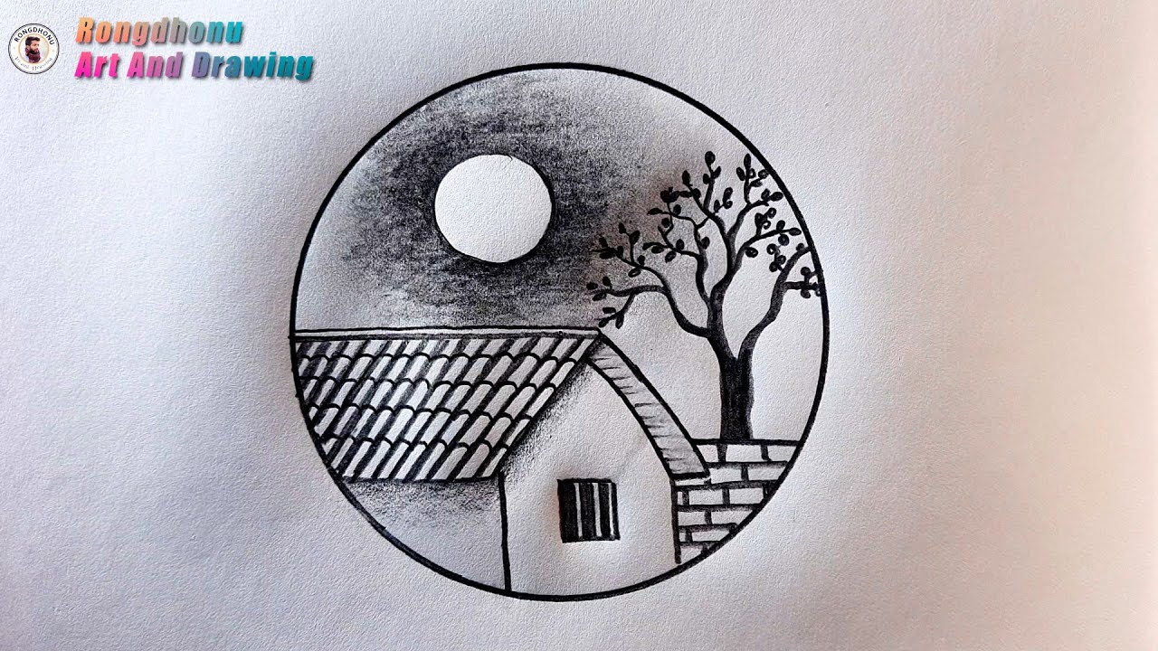 A Beautiful House Scenery Drawing inside A Circle | Drawing And Pencil ...