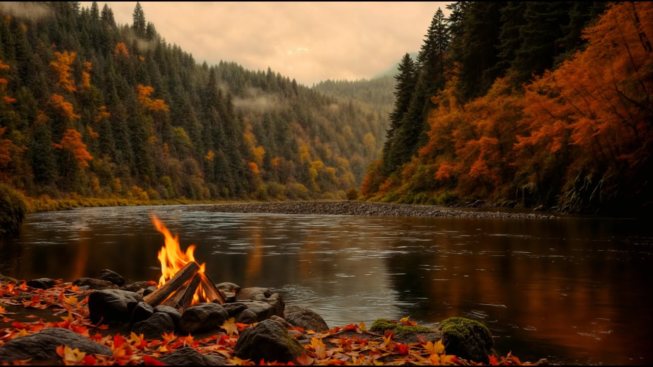 Only Fire, Water & Peace 🍂🔥 Deep Relaxation Beside the Autumn River [4K ...