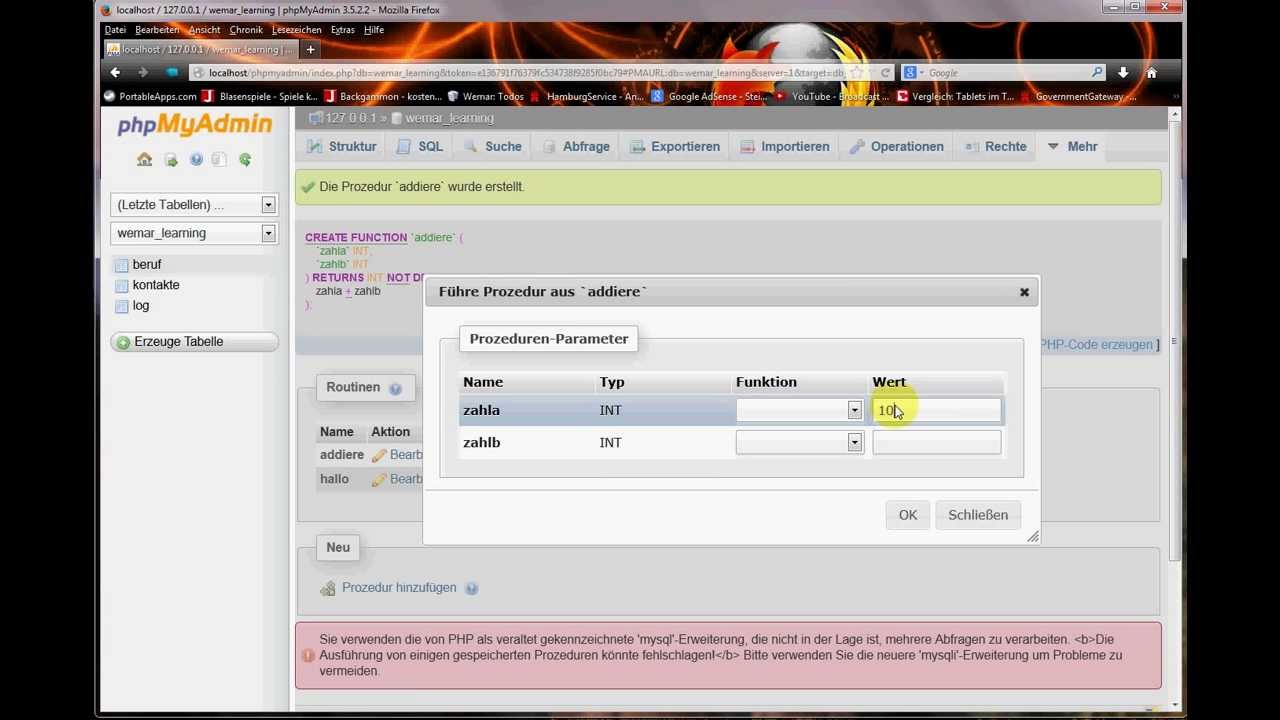 mysql function addiere phpmyadmin - YouTube