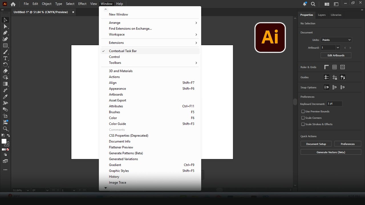 How to Hide or Show Contextual Taskbar in Illustrator - YouTube