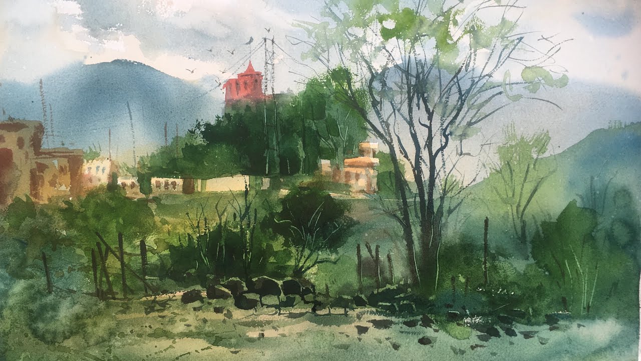 Watercolor Painting without drawing of landscape | hill station ...