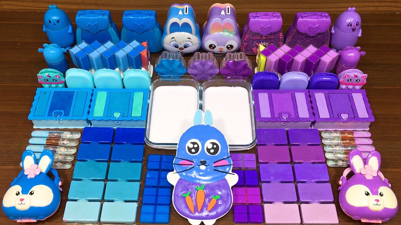 BLUE vs PURPLE RABBITS !!! Mixing random into GLOSSY slime!!!Satisfying ...
