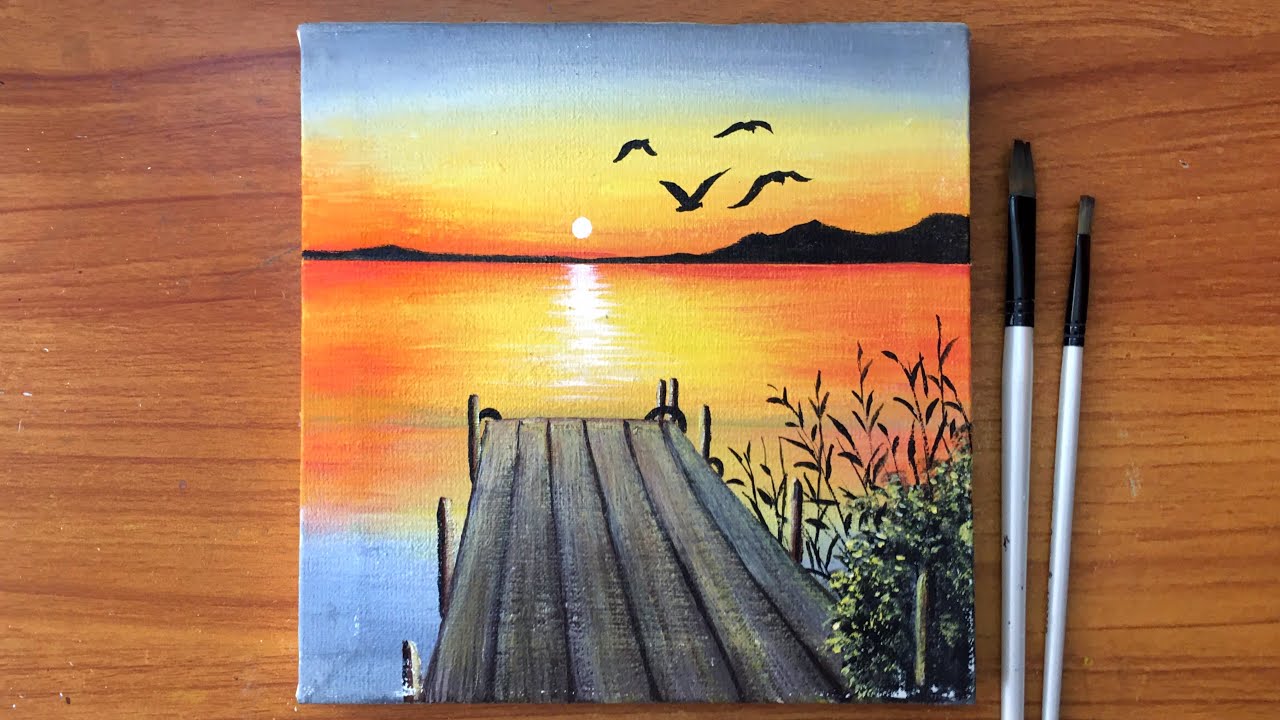 Orange Sunset Scene Painting on Canvas | Acrylic Painting for beginners ...
