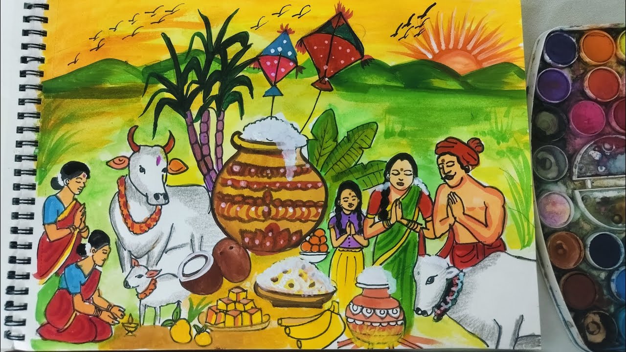 How to Draw Makar Sankranti Scenery | Easy Festival Drawing with ...