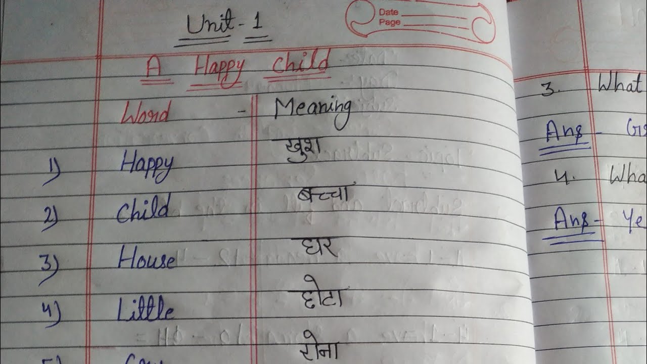 Class -1 NCERT - Unit -1 A Happy Child Word Meaning and Questions ...
