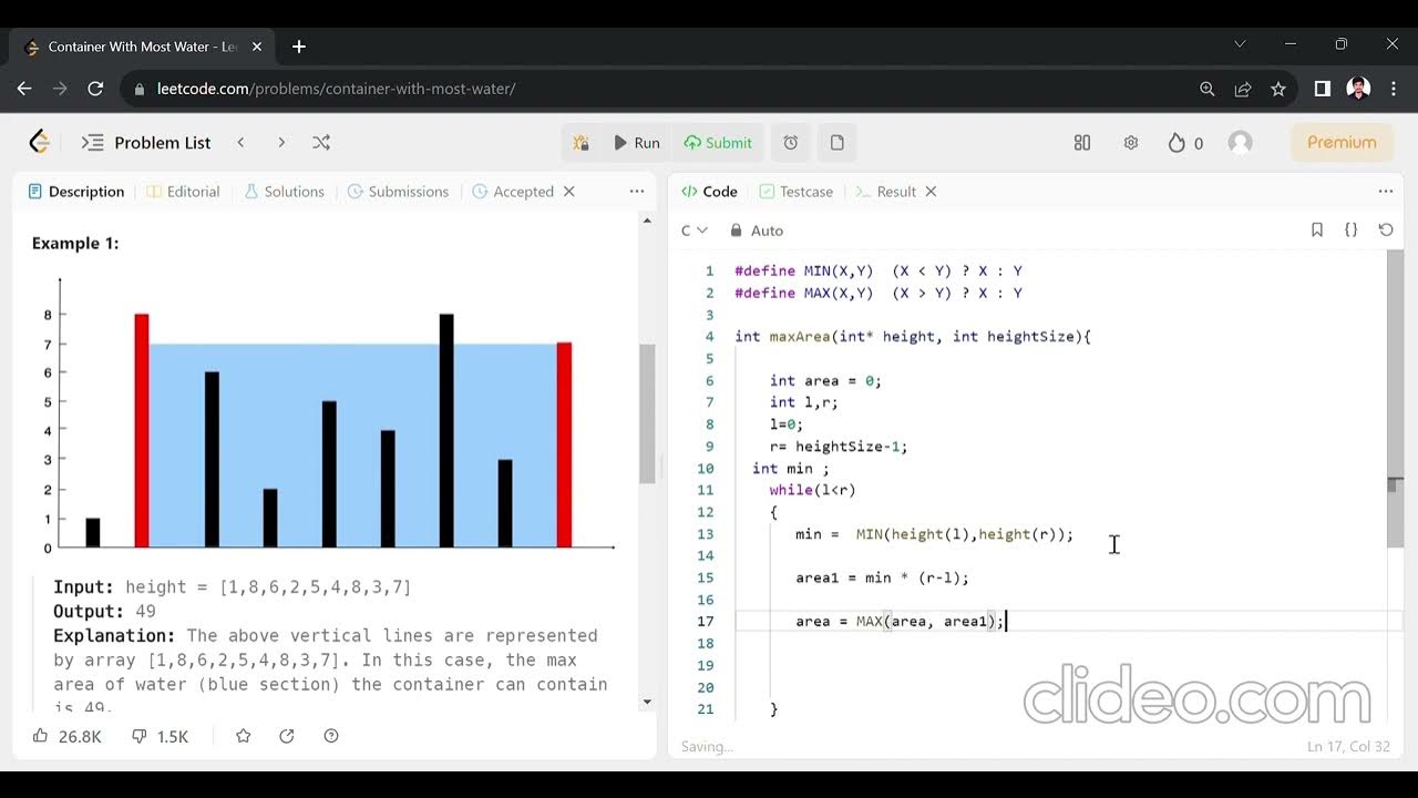 Leetcode 7 Container With Most Water In C C Programming Leetcode Youtube