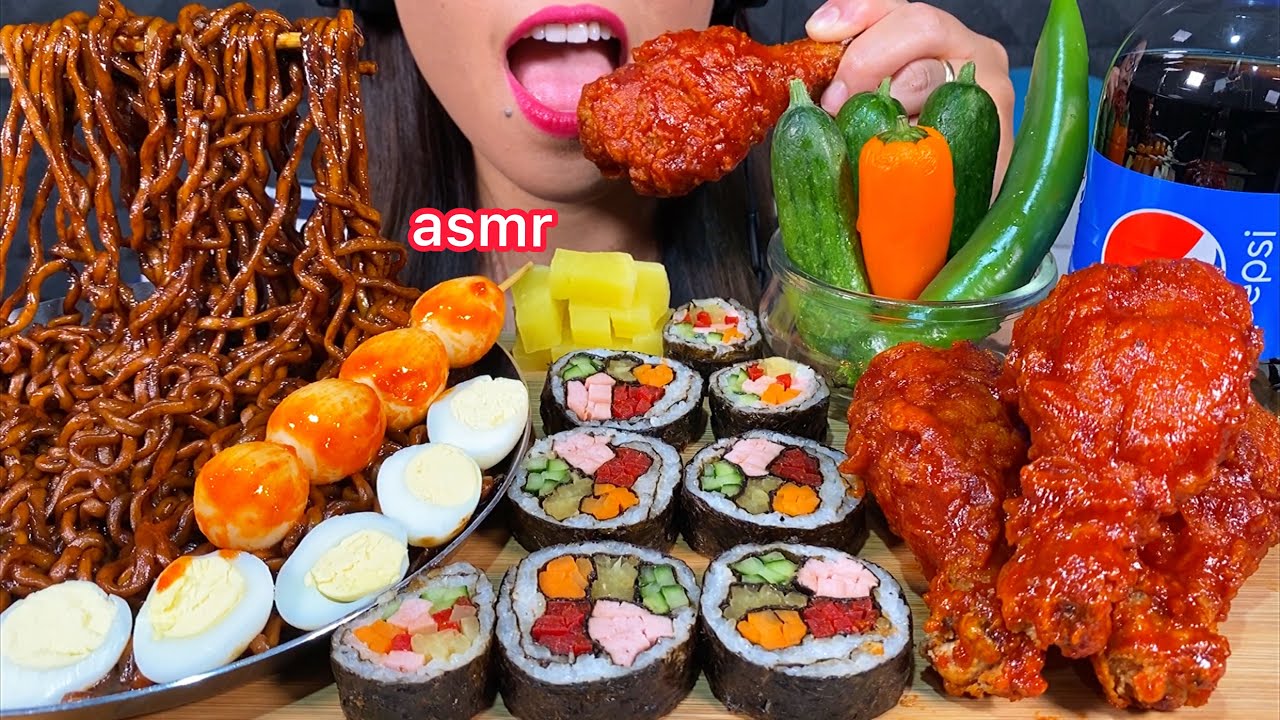 ASMR EATING BLACK BEAN NOODLES, SPICY FRIED CHICKEN, GIMBAP, QUAIL EGGS ...
