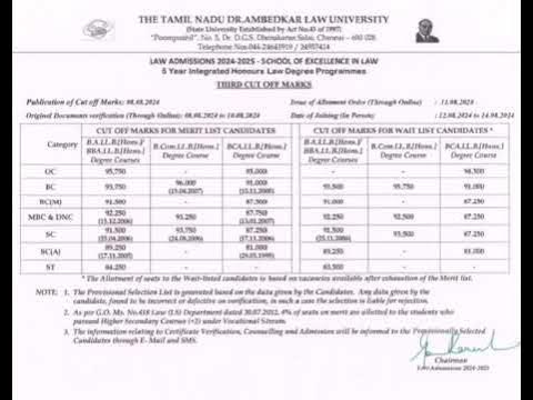 THIRD CUT OFF MARKS FOR 5 YEAR INTEGRATED DEGREE PROGRAMMES (SOEL) TNDALU - YouTube