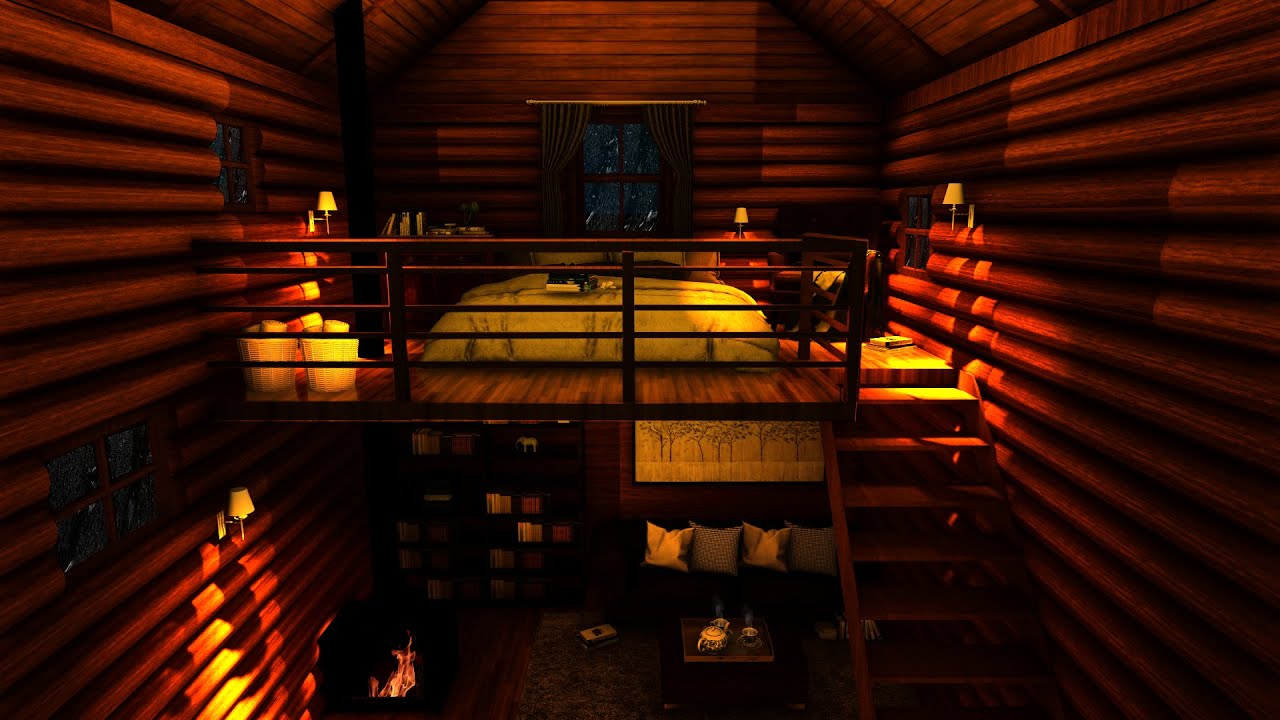 Cozy Cabin at Night with Rain Sounds and Crackling Fireplace for ...
