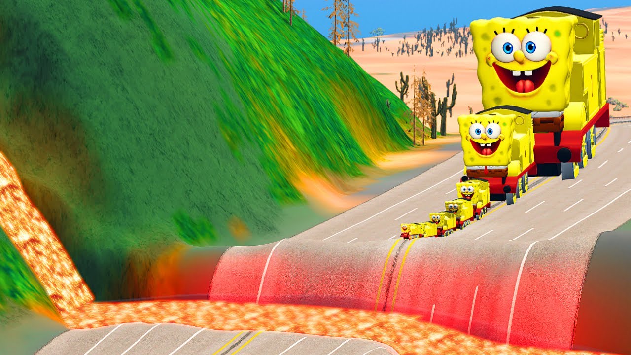 Big & Small SpongeBob the Tank Engine vs Lava River - BeamNG.Drive ...