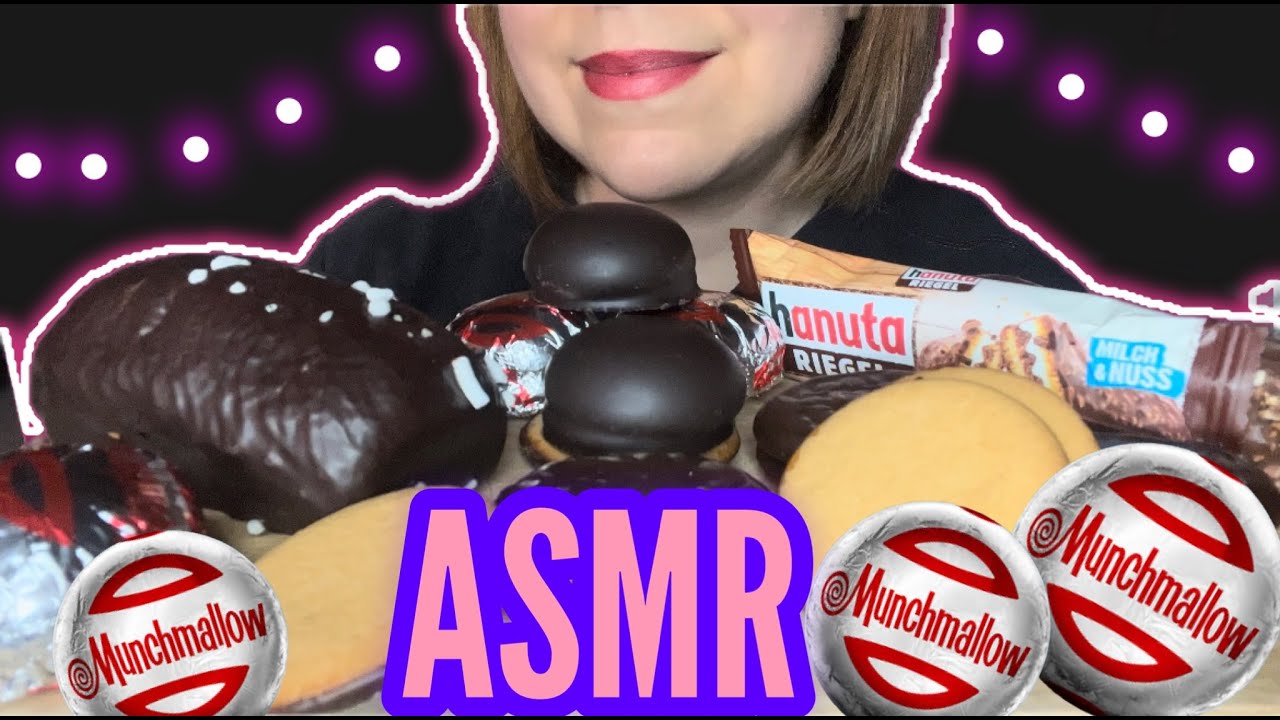 ASMR EATING CHOCOLATE DESSERTS- MUNCHMALLOW, HANUTA BAR AND COOKIES ...