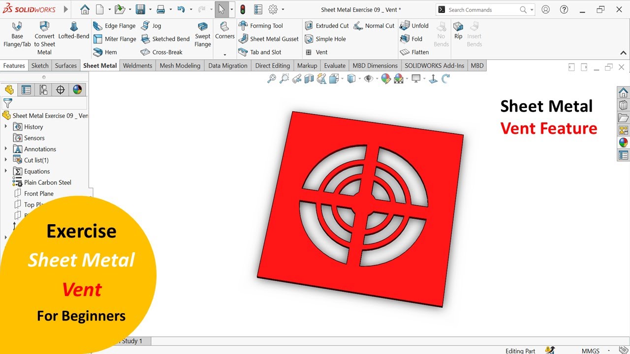 Vent Feature | SolidWorks Sheet Metal Exercise | Sheet Metal Tutorials ...