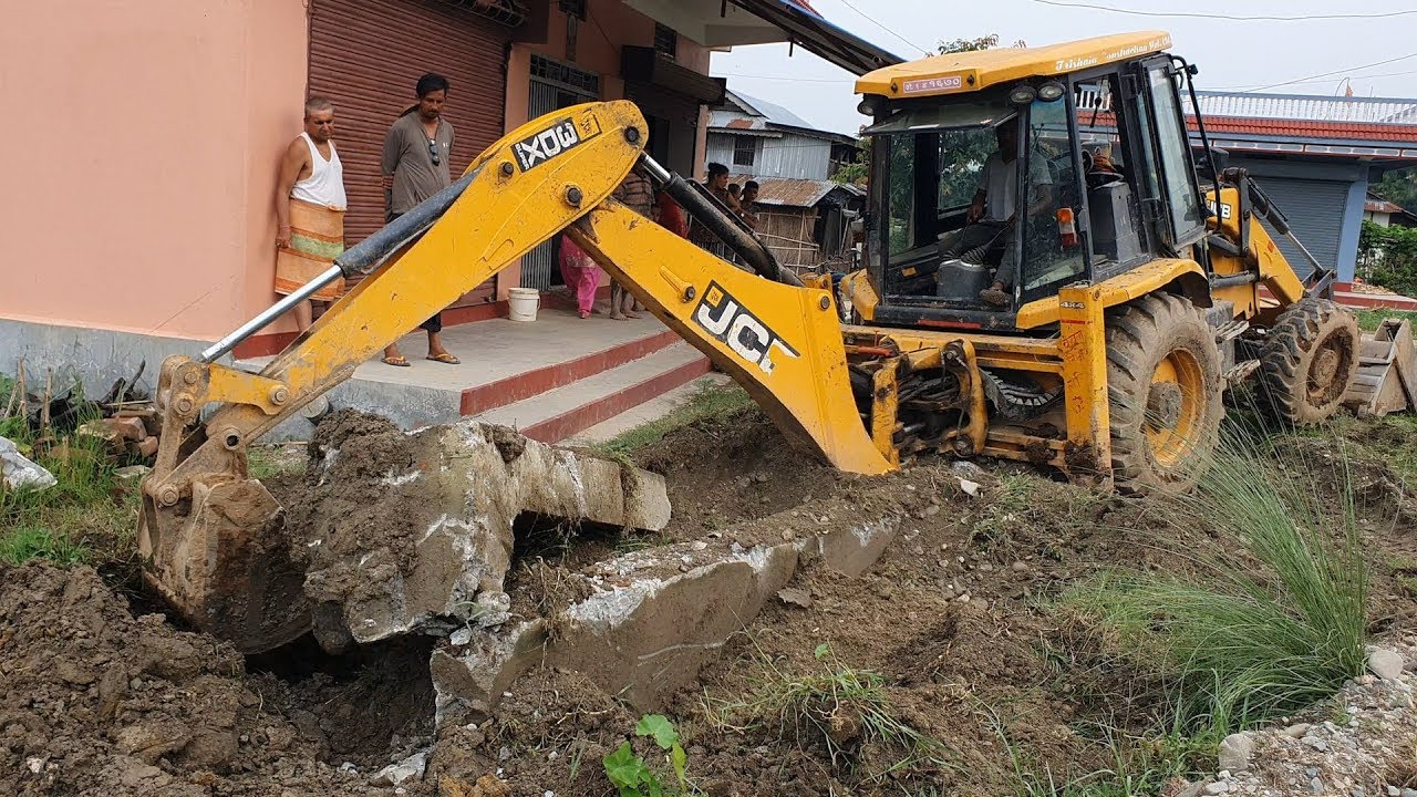 JCB Breaking Big Concrete Slab and Making Drain - JCB Video - YouTube