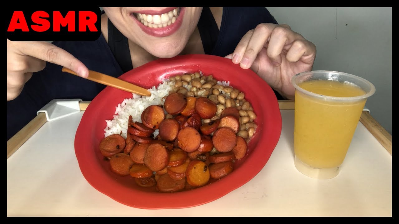 ASMR COMIDA | SALSICHA FRITA, ARROZ E FEIJÃO (SONS DE MASTIGAÇÃO) Amber ...
