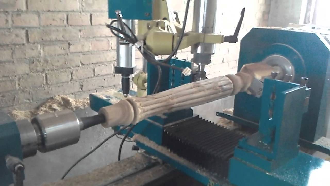 Fluting on wood stair baluster by cnc wood turn lathe - YouTube