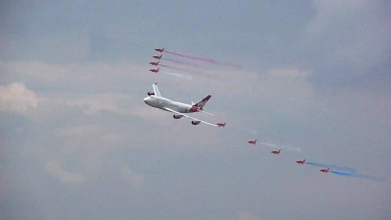 Superb Virgin 747 and Red Arrows formation fly past at Biggin hill ...