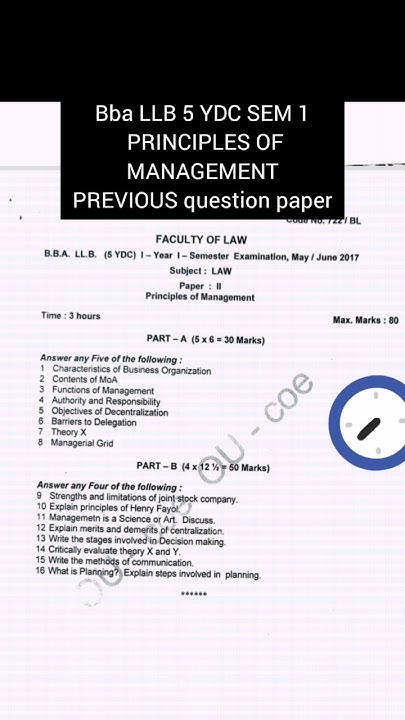 BBA LLB 5 YDC SEM 1 PRINCIPLES OF MANAGEMENT previous year question paper 2017 OU #shorts - YouTube