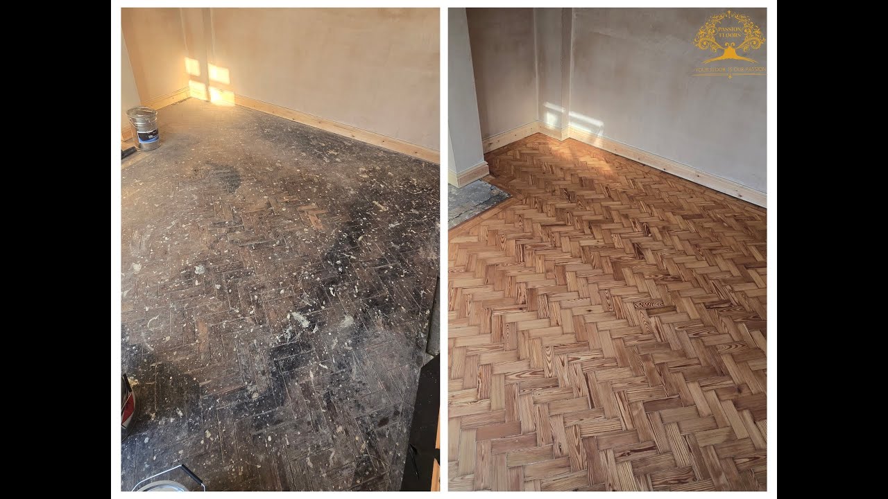 Pitch pine parquet re-sticking, sanding and finishing - timelapse - YouTube