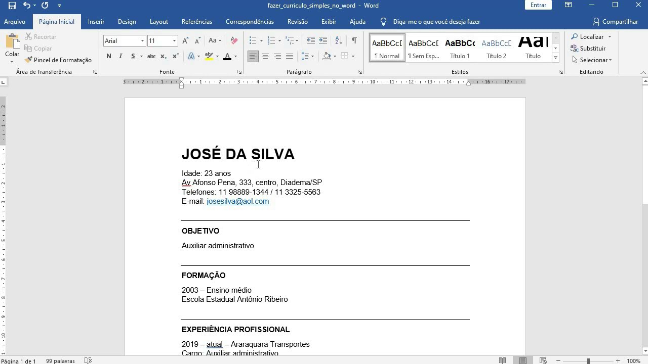 Como editar o modelo de currículo simples no Word - YouTube