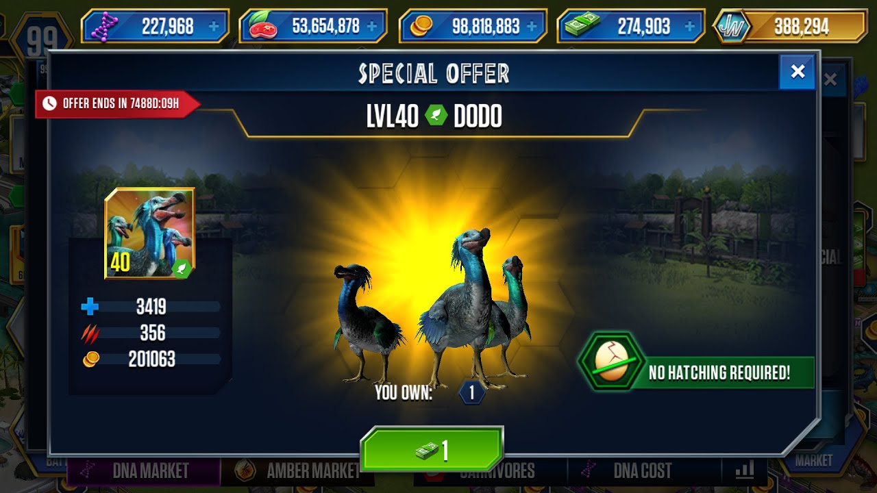 DODO UNLOCKED FOR 1 CASH in JURASSIC WORLD THE GAME! - YouTube