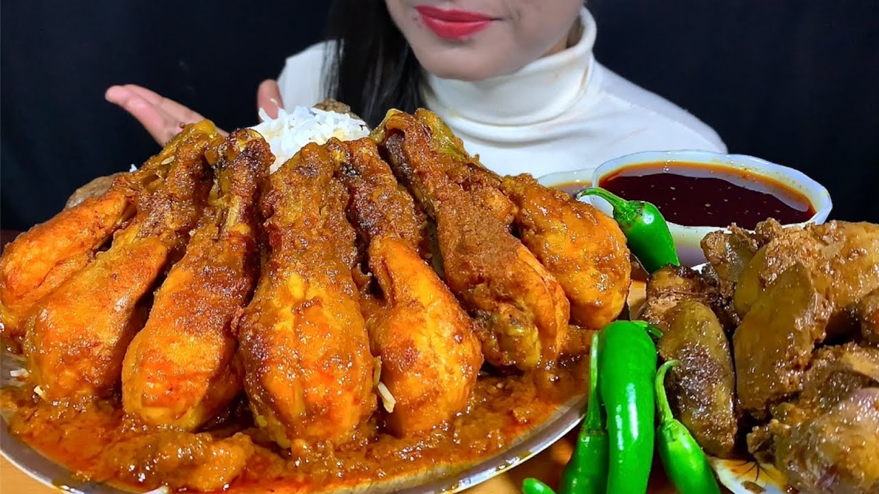 ASMR EATING SPICY CHICKEN LEG CURRY+CHICKEN LIVER+GREEN CHILLI || REAL ...